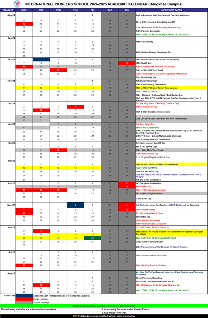 Calendar Bangkhae Campus – International Pioneers School